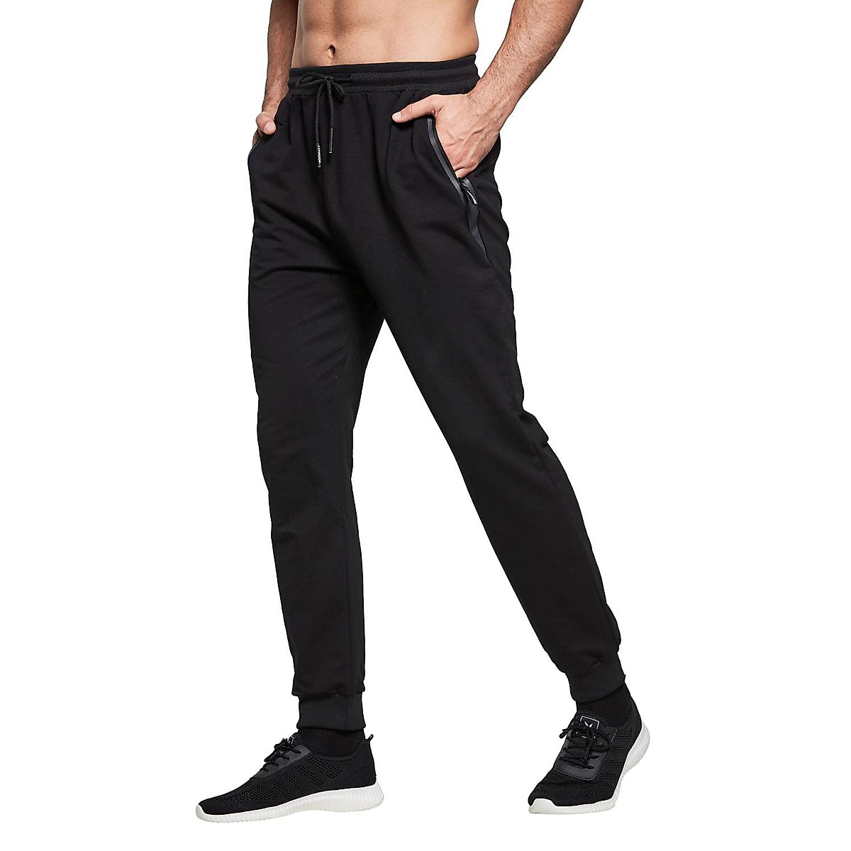 STICKON Mens Casual Joggers Sweatpants Closed Bottom Athletic Track Pants Winter Lounge Sweat Black Pants for Men with Zipper Pockets