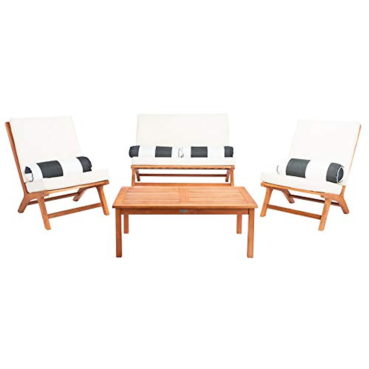 SAFAVIEH Outdoor Collection Chaston Natural and Beige 4-Piece Set with Black & White Pillows