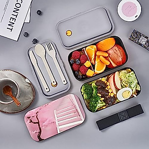 Cherry Blossom White Staircase Adult Lunch Box, Bento Box, With Cutlery Set Of 3, 2 Compartments, Rectangular, Lunch Box For Adults