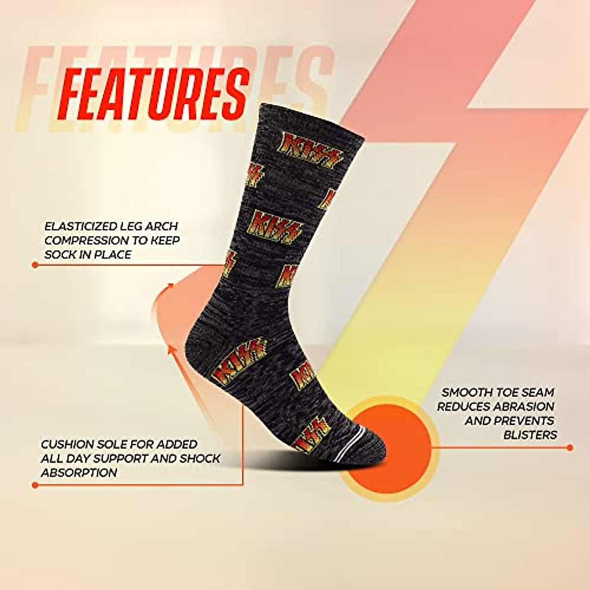 PERRI'S SOCKS- KISS® All Over Logo Crew Socks, Officially Licensed Rock Band Flat Socks, Cushioned Novelty Socks for Men and Women - Grey, Large KSA301-036-L