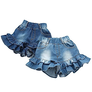 TIBE PINCESS Girls Denim Shorts 2 Layers Ruffles Lace Kids Fashion Skirt Shorts Summer Beach Sports Shorts Light Blue Size 3-4T