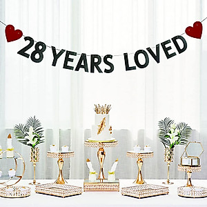 28 YEARS LOVED Banner，Pre-strung，28th Birthday / Wedding Anniversary Party Decorations Supplies，Black Glitter Paper Garlands Backdrops, Letters Black Betteryanzi