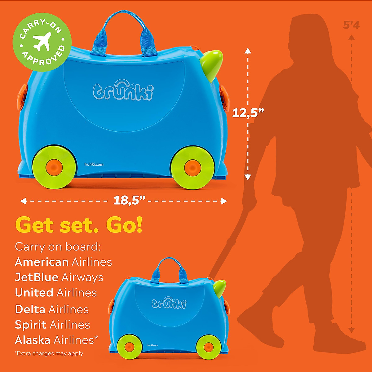 Trunki Ride-On Kids Suitcase | Tow-Along Toddler Luggage | Carry-On Cute Bag with Wheels | Kids Luggage and Airplane Travel Essentials: Terrance Boy Blue
