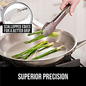 Gorilla Grip Stainless Steel Metal Tongs, 16 Inch, Heat Resistant up to 484 Degrees, Kitchen Utensil, Comfortable Silicone Handle, Easy Pull Lock, Strong Kitchen Tong for Cooking, Grilling, Almond
