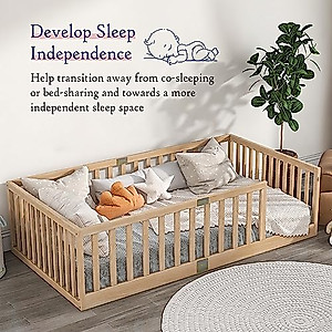 Tatub Twin Floor Bed with Safety Guardrails, Montessori Floor Bed for Kids, Wood Kids Floor Beds Frame, Entry Can Install Left and Right, Twin-Nature