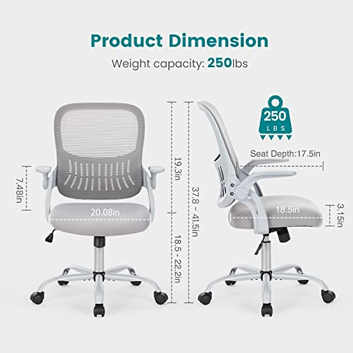 Ergonomic Office Chair, Home Office Desk Chairs with Wheels, Computer Chair with Flip-up Arms, Mid-Back Task Rolling Chair with Lumbar Support, Comfy Mesh Swivel Executive Chair