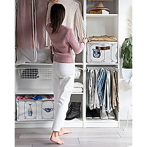 Retro Classic Chinese Porcelain Art Cube Storage Organizer Bins with Handles,2-PC 15x11x9.5 In Collapsible Canvas Cloth Fabric Storage Basket,Rustic Blue White Floral Flower Toys Bin Boxes for Shelves
