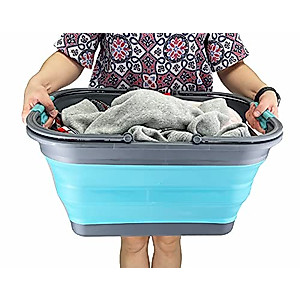 SAMMART 29L (7.6 Gallons) Collapsible Tub with Handle - Portable Outdoor Picnic Basket/Crater - Foldable Shopping Bag - Space Saving Storage Container (Grey/Crystal Blue)