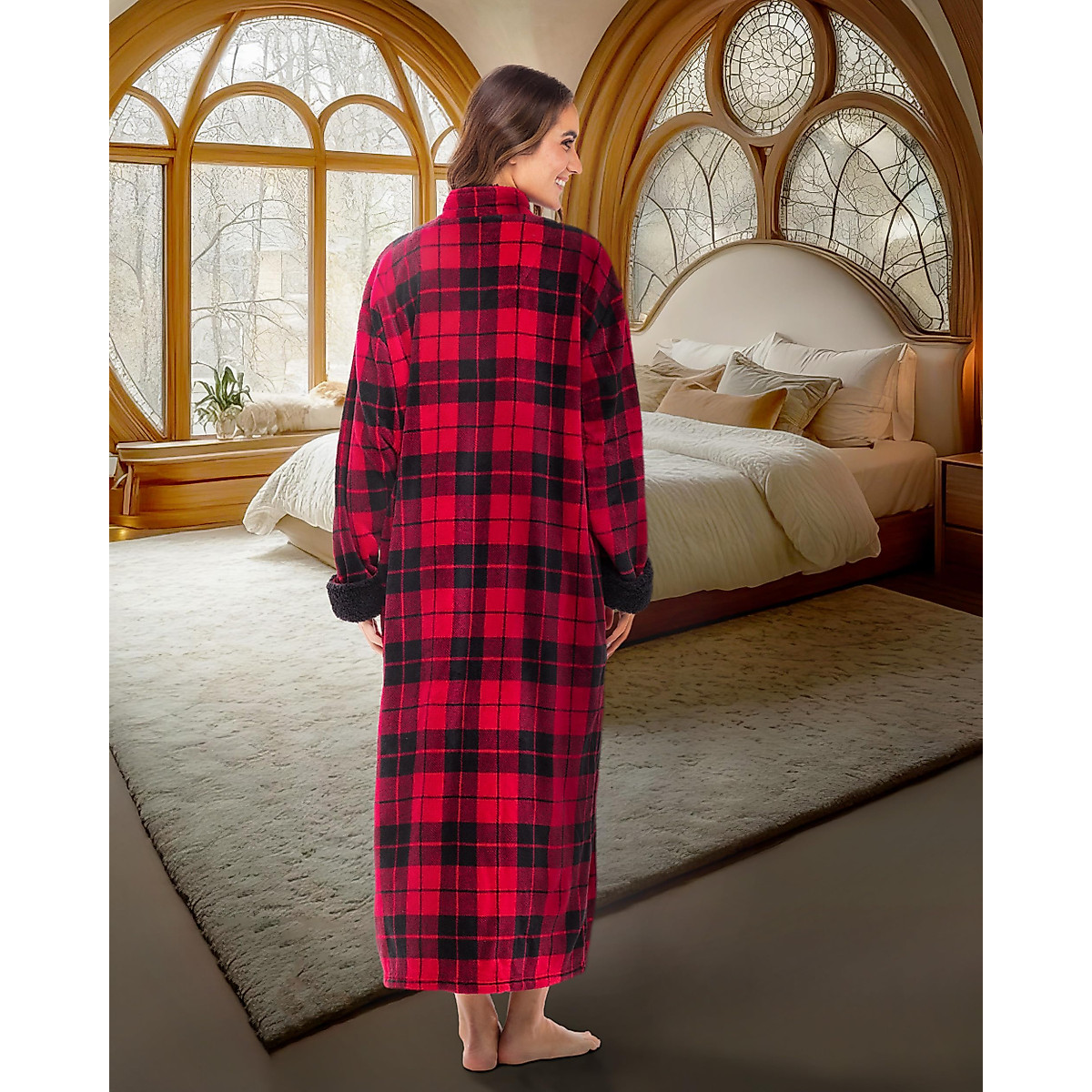 Alexander Del Rossa Long Zip Up Robes for Women, Plush Zipper Robes for Women Plus Size, Housecoats for Women Zipper Front Red Black Plaid with Black XL (A0258Q4BXL)