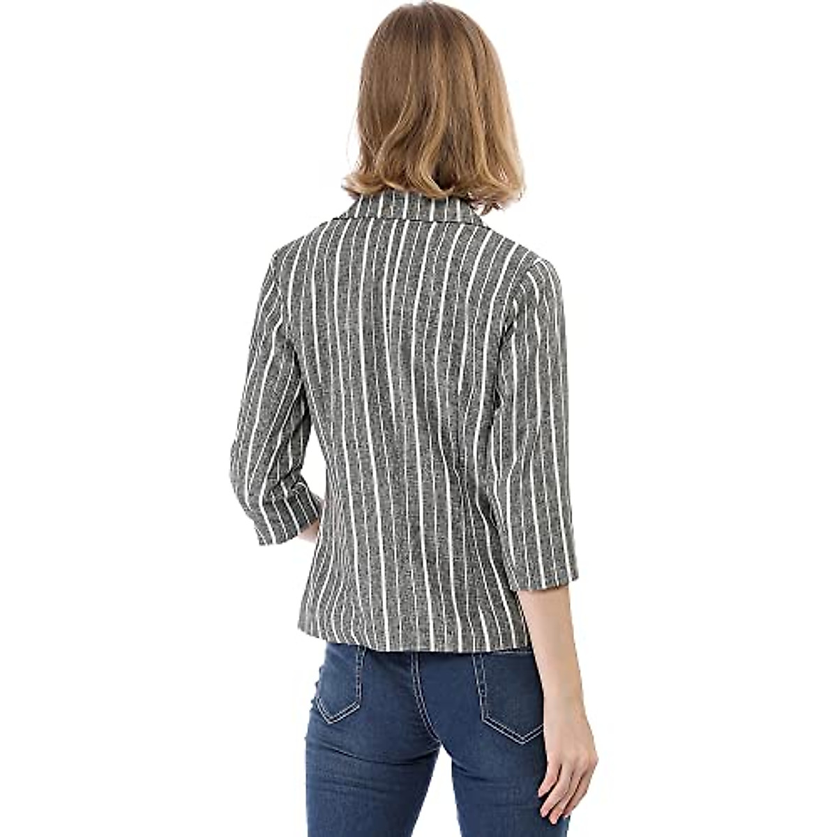 Allegra K Women's Striped 3/4 Sleeves Open Front Notched Lapel Blazer M Black