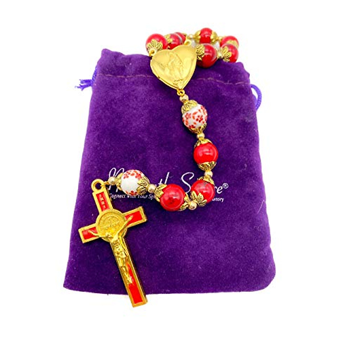 Nazareth Store Saint Benedict Red Rosary Beads Catholic Necklace Flowers Mystery Bead Miraculous Medal Locket Cross Prayer Rosarios Catolicos