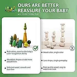 Macabaka Wooden Tree Toy Set 14 Pieces Wooden Sorting Stacking Balancing Stone Rocks Natural Wooden Mini Trees for Home Decor, Cake Topper and Montessori Toys