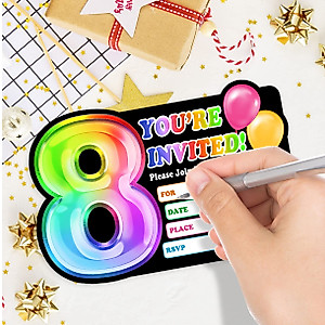 Greatingreat Rainbow Holographic Ballon Invitations with Envelope for 8th Birthday Party Anniversary,Fun Party Invite for Girls Child,Set of 30,4x6 inches