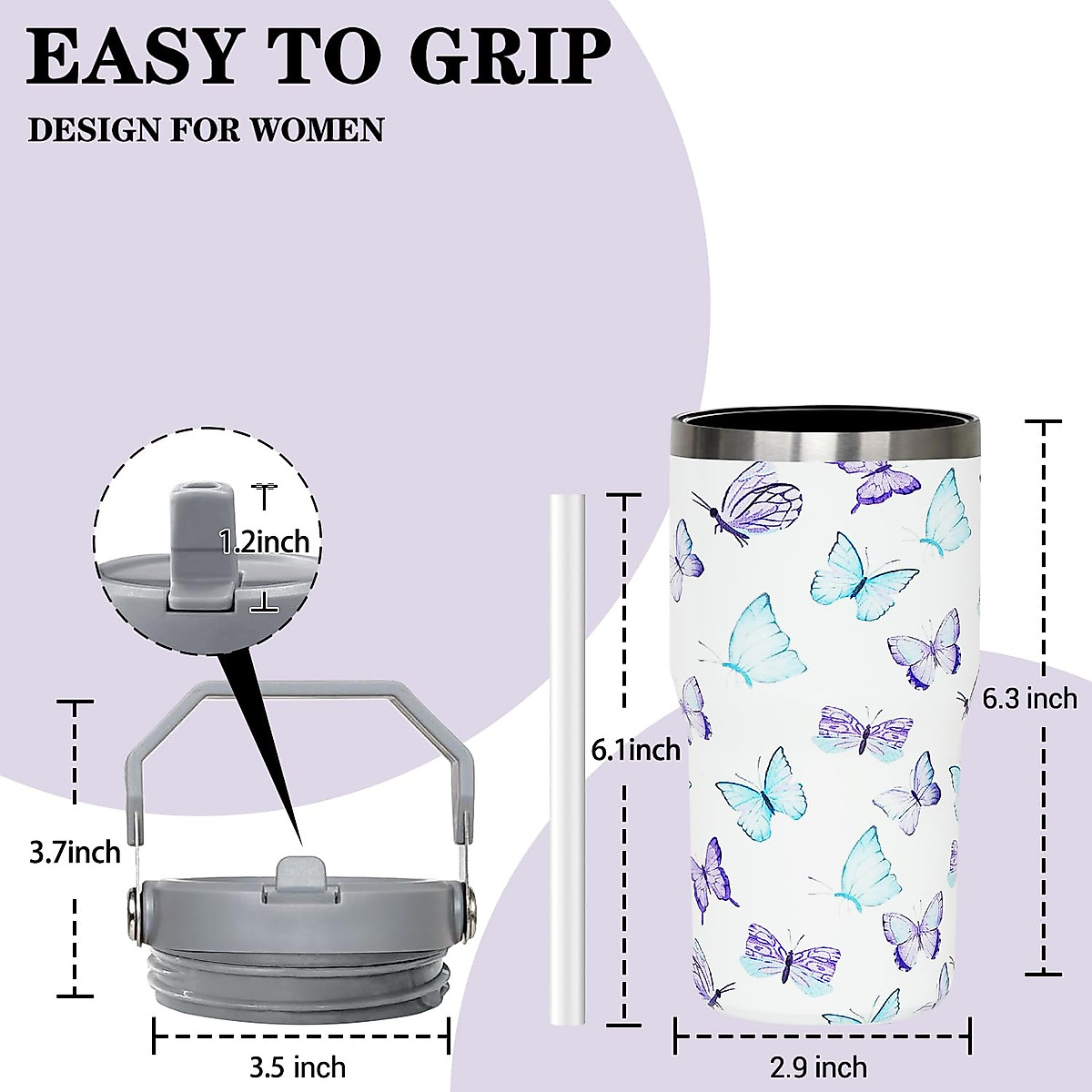 Hachishun Butterfly Tumbler with Handle,Stainless Steel Vacuum Insulated Flip Straw 20oz Butterfly Tumbler Spill Proof Coffee Travel Mug Butterfly Gifts