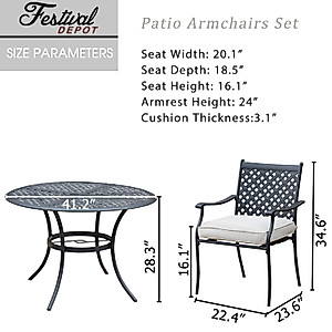 Festival Depot 5 Piece Patio Dining Set of 4 Armchairs with Cushions and Round Black Table with 2.04" Umbrella Hole Wrought Iron Outdoor Furniture for Deck Lawn Poolside (Beige)