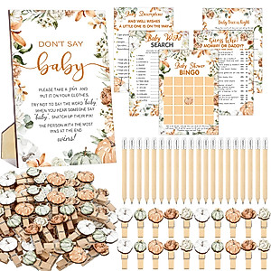Patelai 321 Pcs Baby Shower Games Supplies, 5 Sets (50 Cards Each) Activities Cards with 20 Pencils 1 Don't Say Baby Sign 50 Clothespin(Little Pumpkin)
