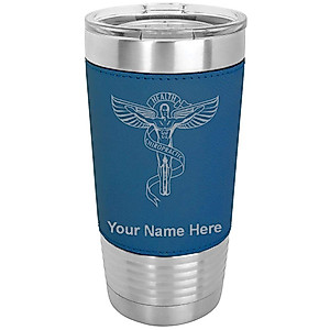 LaserGram 20oz Vacuum Insulated Tumbler Mug, Chiropractic Symbol, Personalized Engraving Included (Faux Leather, Blue)