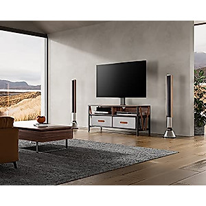 FITUEYES Wood Swivel Floor TV Stand with Mount for 37-75 Inch TVS, Television Stands with Storage for Bedroom - Height Adjustable, Cable Management, Removable Fabric Drawers, VESA 400x600mm, Walnut