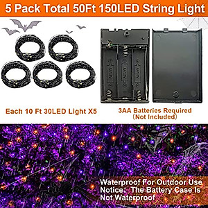 5 Pack Halloween String Lights Decor, Timer, Total 150 LED 50 Ft Battery Operated Copper Wire Purple Orange Fairy Lights Halloween Decorations Outside Yard Home Indoor Outdoor,30 LED 10 Ft Each