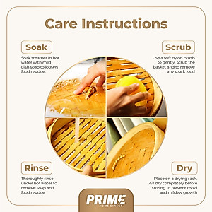 Prime Home Direct Bamboo Steamer Basket 12-Inch | 2-Tier Steamer for Cooking | 50 Liners, Chopsticks, Sauce Dish | Steaming Asian Food, Bao Buns, Chinese, Dim Sum, Dumpling, Rice, Vegetable Steam Pot