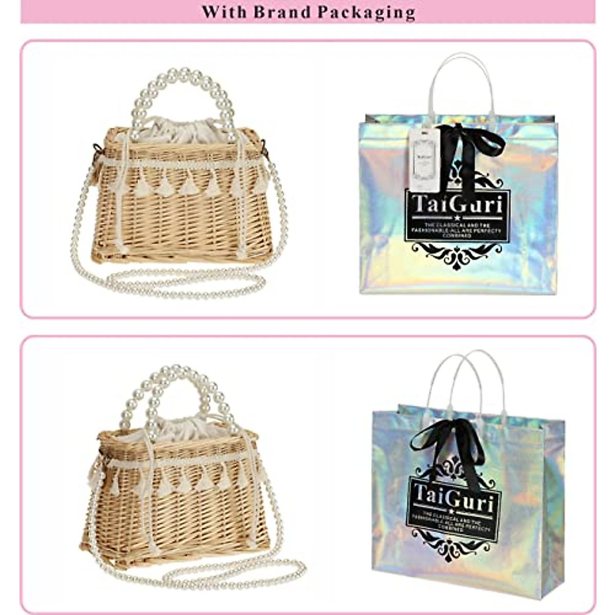 TaiGuri Women's Handmade Rattan Basket Artificial Pearl Woven Purse Handbag Tote Shoulder Bag Beige