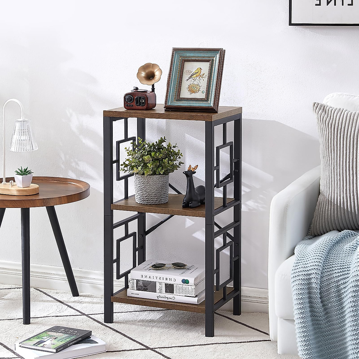 Freexployer Small Bookshelf, 3 Tier Vintage Industrial Small Bookshelf for Small Spaces, Freestanding Open Shelf Bookcase, Versatile Bookcase for Home Office, Bedroom & Living Room, Retro Brown