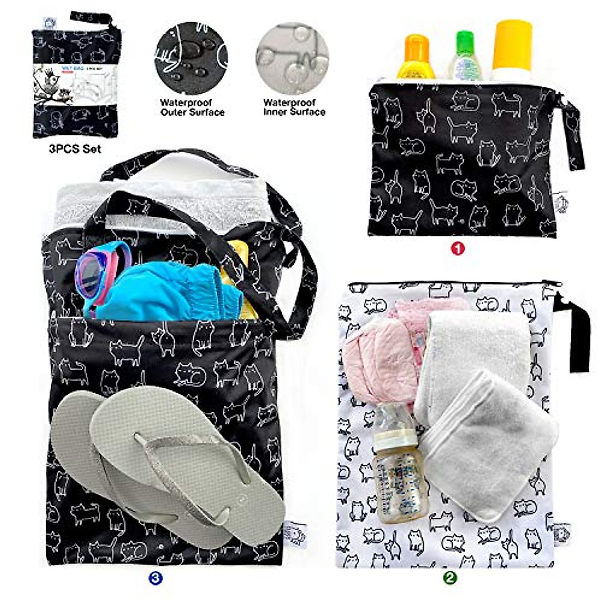 3pcs Waterproof Reusable and Washable Wet Dry Bag Baby Clothes Diaper Stroller Water Resistant Swimsuit Travel Toiletries Pouch Yoga Gym Laundry Shoe Beach Electronic Product Small Medium Large Cat