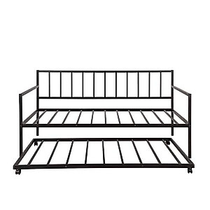 Metal Daybed with Trundle, Twin Size Day Bed Frame with Pullout Trundle, Heavy-Duty Daybed for Living Room Bedroom and Adults, Black