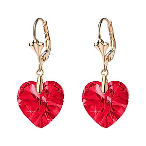Austrian Crystal Heart Drop Leverback Earrings for Women Fashion Dangle Earring 14K Rose Gold Plated Hypoallergenic Jewelry (Red)