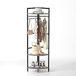 QNICE 5 Tier Industrial Corner Shelf Stand, Tall Rustic Coat Rack, Wood and Metal Corner Shelving (Dark Grey Oak)