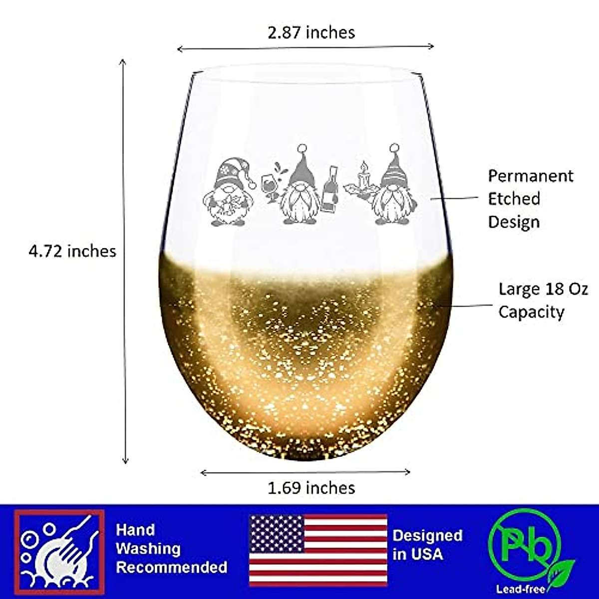 Christmas Gnome Etched Stemless Wine Drinking Glasses Glassware Set of 4