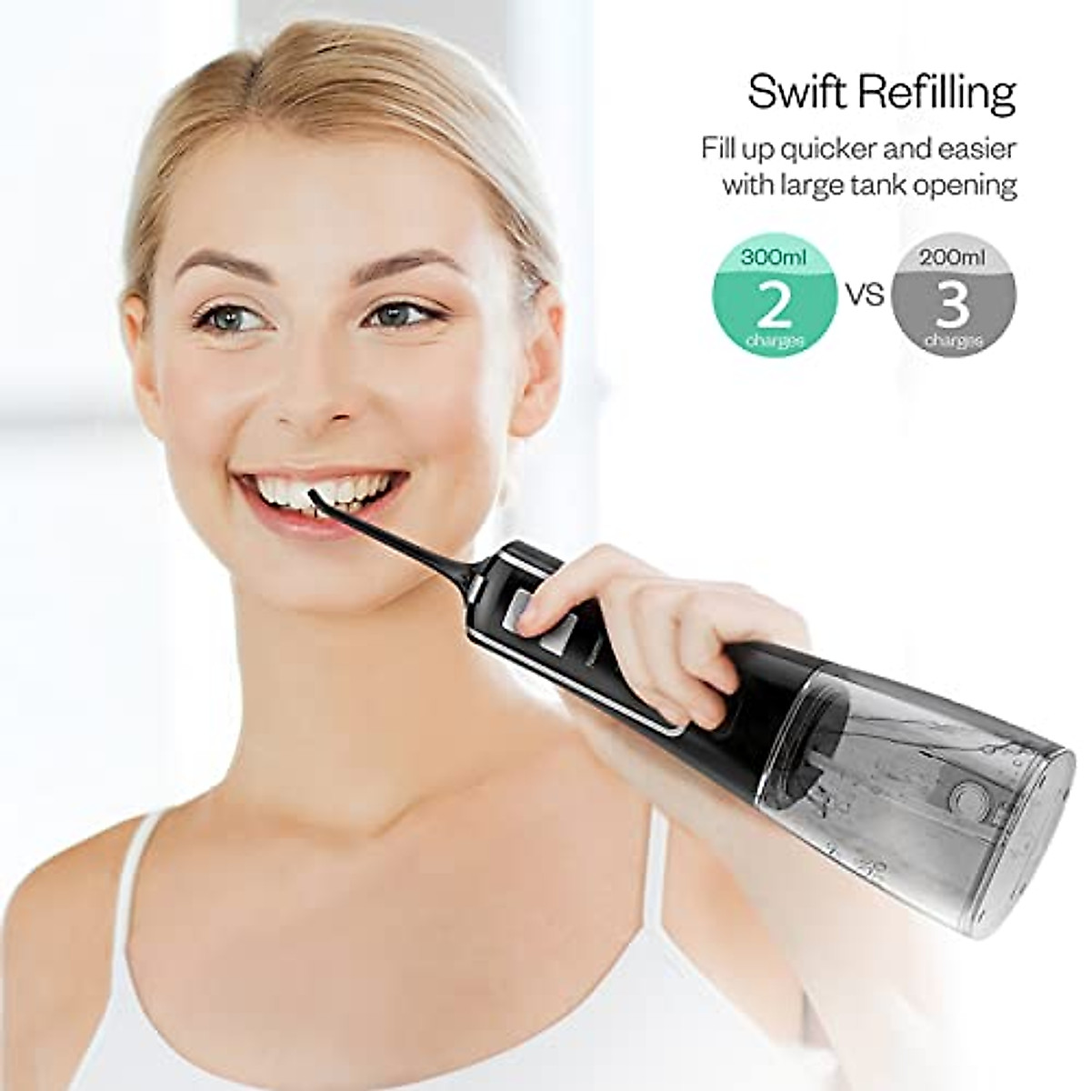 Water Dental Flosser for Teeth, 300ML Water Tank,Portable and Rechargeable Dental Oral Irrigator IPX7 Waterproof Powerful Battery Life Water Teeth Cleaner Picks (Black)