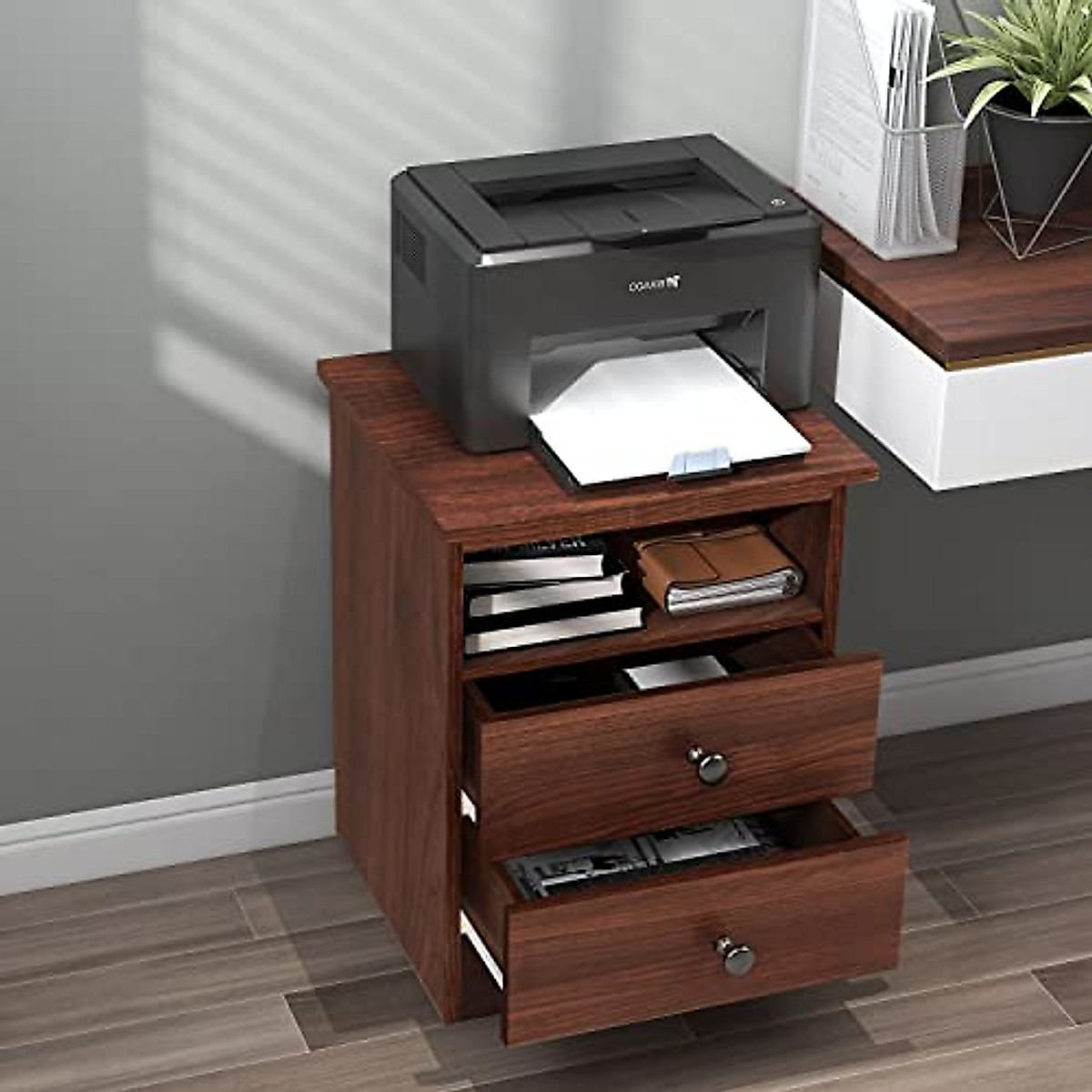 UYIHOME Walnut Nightstand with Storage Drawers and Open Shelf, 2 Drawers End Table with Sturdy Base, Farmhouse Wood Nightstand Bedside Table Sofa-Side Accent Table for Bedroom