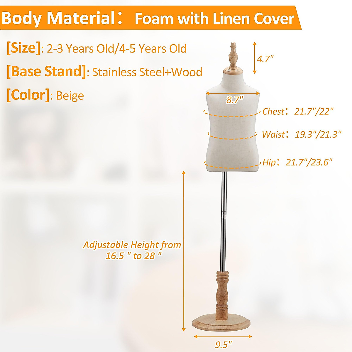 Spurgehom Kid Dress Form Adjustable Child Mannequin Body with Wood Base Toddler Clothes Mannequin Pinnable Dress Form for Apparel Scarf Window Shop Display, 4-5 Years Old