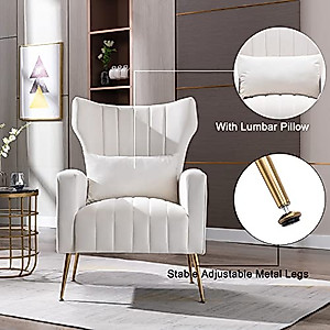 Hyfirm Accent Chairs for Living Room Set of 2, Mid Century Modern Chairs Upholstered Velvet Wingback Arm Chairs, Comfy Leisure Chairs with Lumbar Pillow for Bedroom Office Club, 2PCS, Cream
