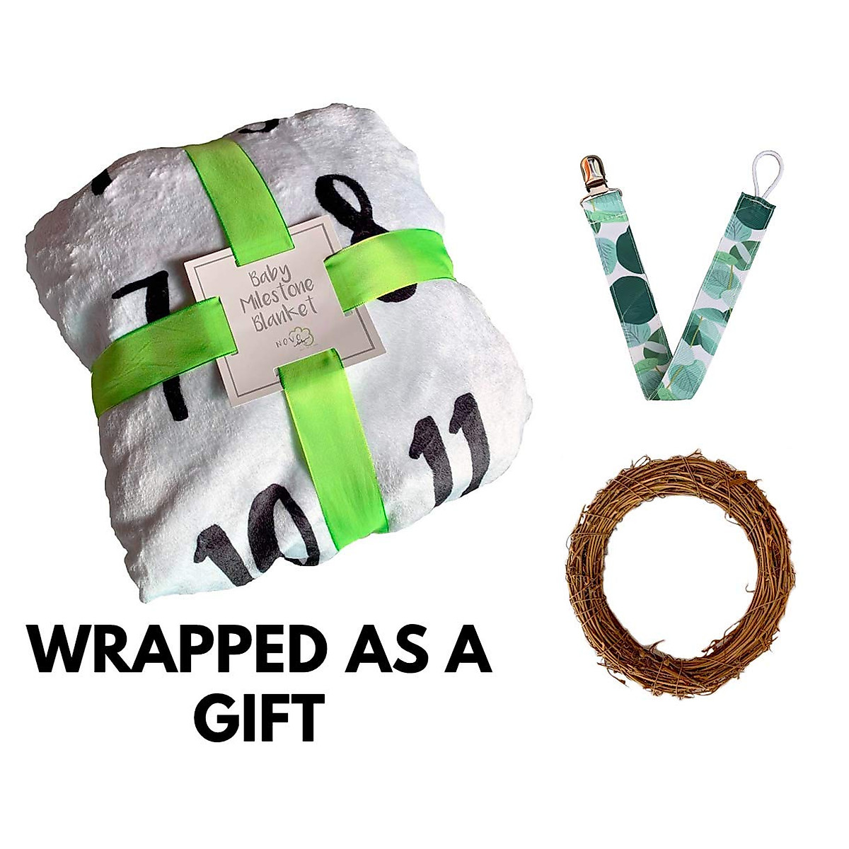 Baby Monthly Milestone Blanket | Includes Wooden Wreath and Pacifier Clip | 1 to 12 Months | Premium Extra Soft Fleece | Best Photography Backdrop Prop for Newborn Boy & Girl