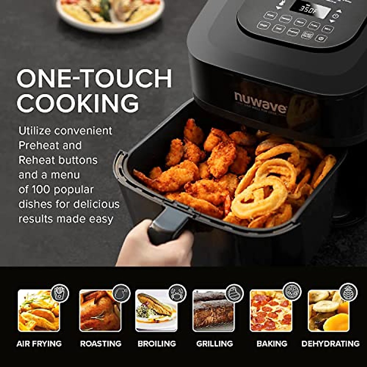 NUWAVE Brio 8-Qt Air Fryer, Powerful 1800W, Easy-to-Read Cool White Display, 50°-400°F Temp Controls, 100 Pre-Programmed Presets & 50 Memory Slots, Integrated Smart Thermometer, Linear T Technology