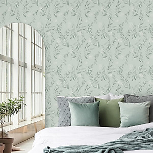 Sage Green Leaf Peel and Stick Wallpaper Boho Green Floral Contact Paper for Cabinets and Drawers Removable Self Adhesive Farmhouse Wallpaper for Bathroom Waterproof Modern Contact Paper 79inL 17.3inW