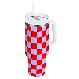 Caikeny Insulated Tumblers with Lid and Straw Checkerboard 30 oz Reusable Stainless Steel Cup Lavender Red Water Bottle Coffee Travel Tumbler Mug for Women Men