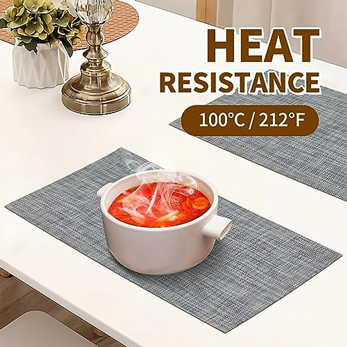 Placemats Set of 7 Dining Table Place Mats Gray - PVC Modern Table Mat Placemats No Slip, Placemat for Kitchen Dinner Coffee Outdoor