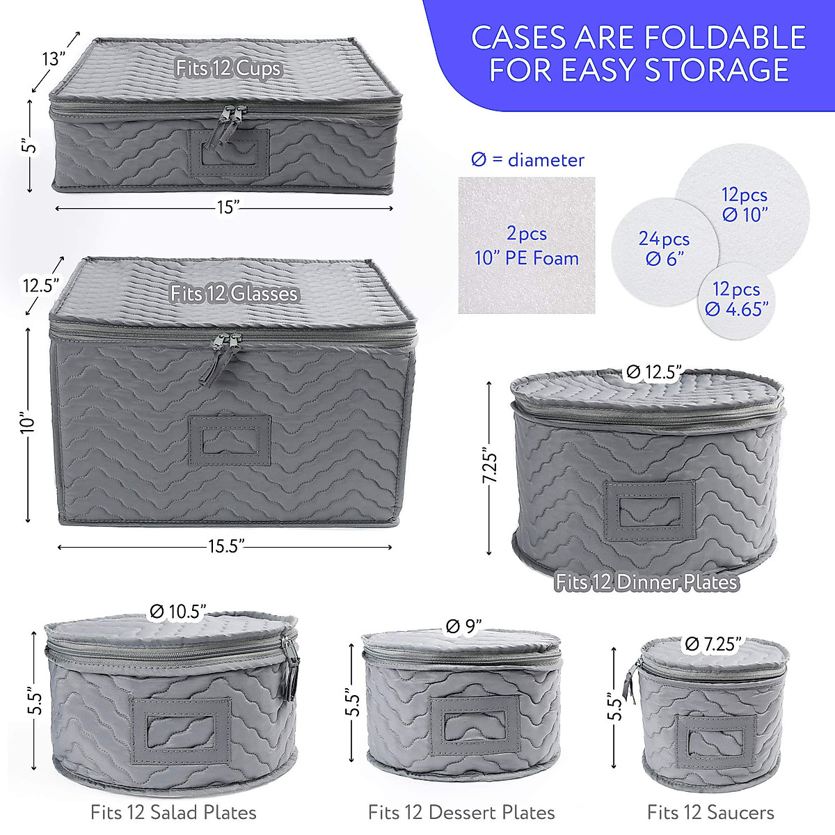 LotFancy China Storage Containers - Quilted 6-Piece Set Storage Box- Stores Chinaware, Stemware, Dinnerware, Dish Storage Service for 12, 48 Pcs Felt Protectors, Cardboard Dividers Included
