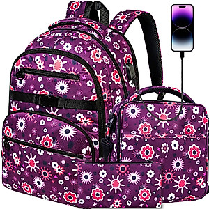 TXHVO 3Pcs Backpack for Girls, Water Resistant Flowers Bookbag, Elementary Backpacks for Teens Students School with USB Charging Port (Purple)