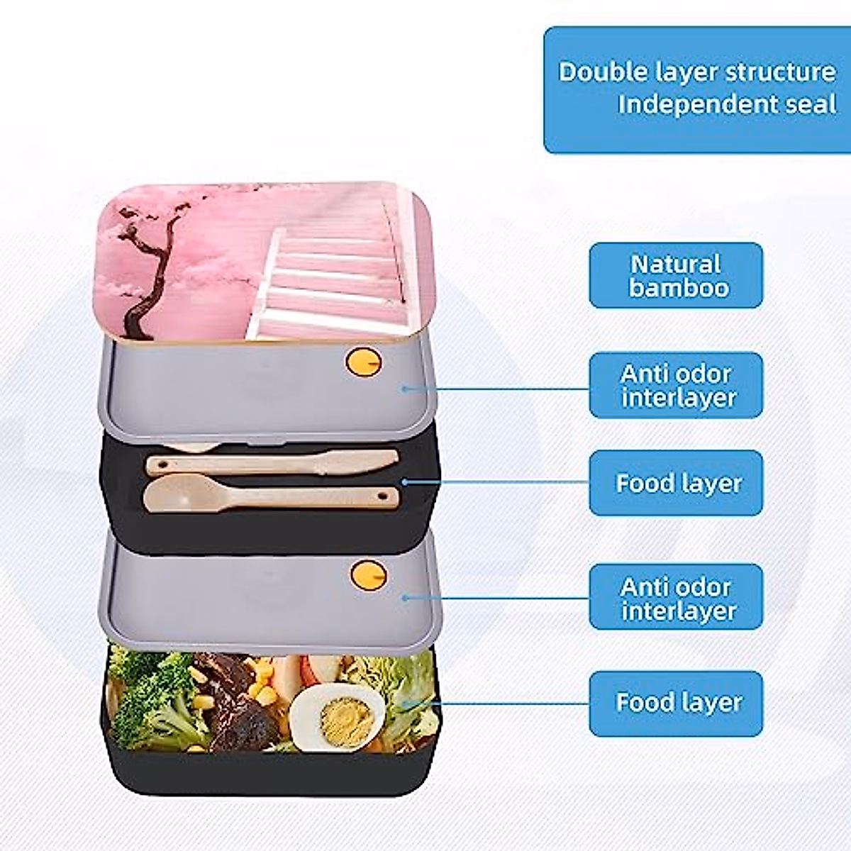 Cherry Blossom White Staircase Adult Lunch Box, Bento Box, With Cutlery Set Of 3, 2 Compartments, Rectangular, Lunch Box For Adults