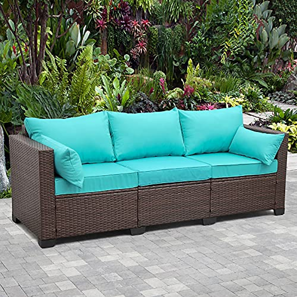 3-Seat Patio PE Rattan Wicker Couch, Outdoor Rattan Sofa Furniture Steel Frame with Furniture Cover and Deep Seat High Back, Turquoise Anti-Slip Cushion Furniture Cover