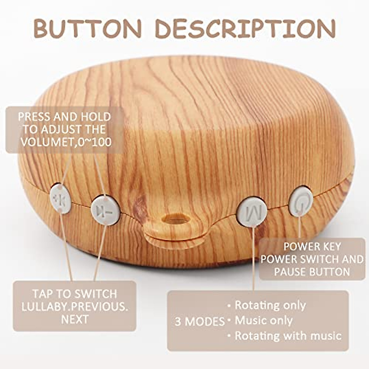 Baby Mobile Rotary Music Box Imitation Wood with Rotating Hook -Crib Mobile Motor Battery Operated Plays 35 Tunes Crib Toys Attachments