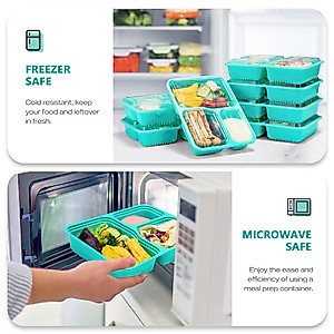 Glotoch Meal Prep Container Reusable, 15 Pack 34oz 3 Compartment To Go Containers for Food Snack, Plastic Divided Food Storage Meal Prep Containers With Lids for Microwave Freezer BPA-Free,Safe,Green