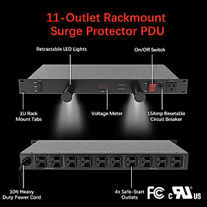 Clear Power 11-Outlet 2160J Rackmount Surge Protector PDU w/LED Lights & 10ft Cord, CPPDU511