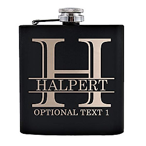 Personalized Engraved 6oz Black Stainless Steel Flask - Metal Hip Pocket Discreet Flask – Custom Groomsmen Gifts – Liquor Whiskey Gifts for Men Women, Etched Halpert