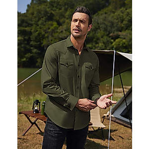 COOFANDY Men's Western Snap Shirts Loose Fit Casual Long Sleeve Embroidered Cowboy Shirts Army Green