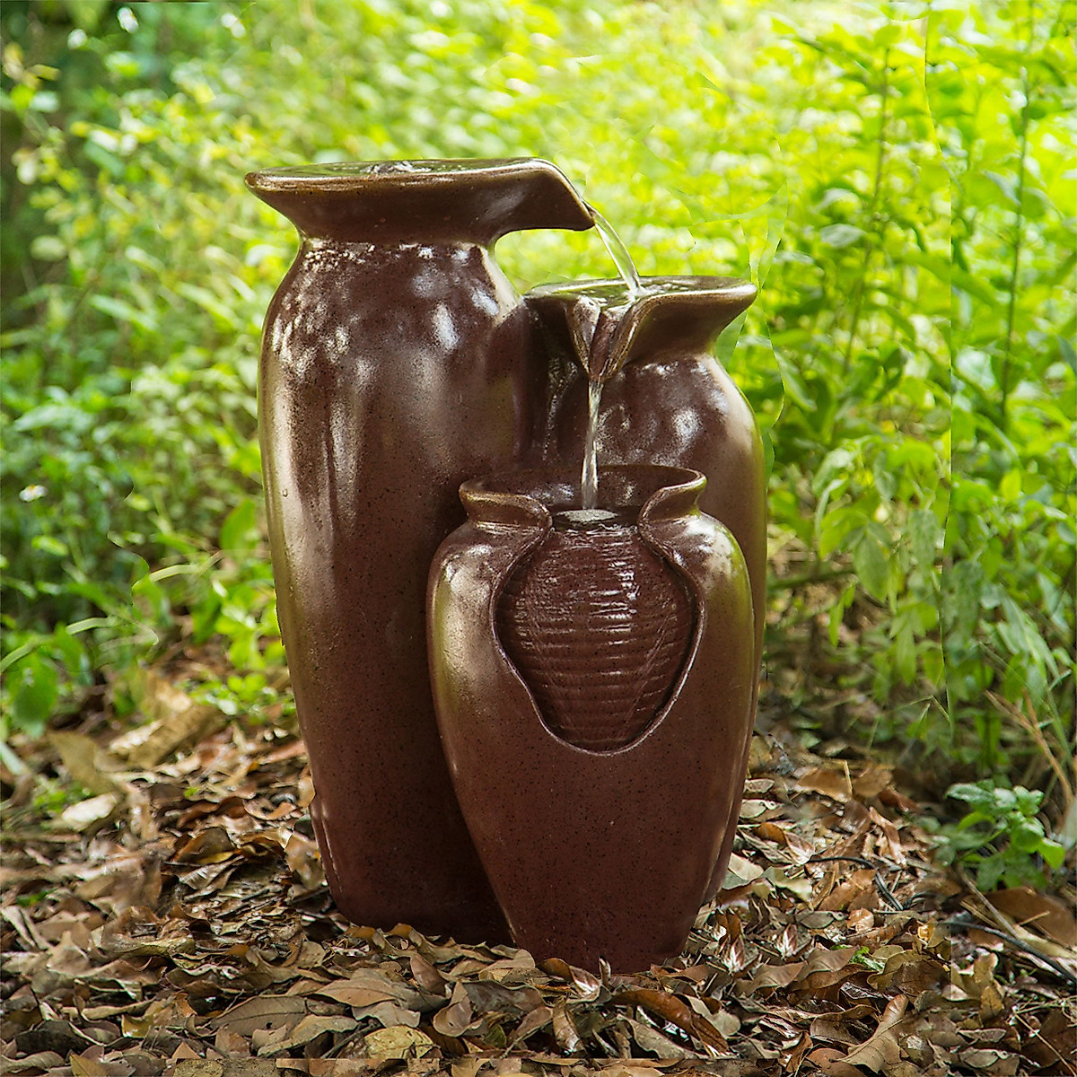 Teamson Home Jar 3 Tiered Floor Waterfall Fountain with Pump for Outdoor Patio Garden Backyard Decking, 20 Inch Height, Brown